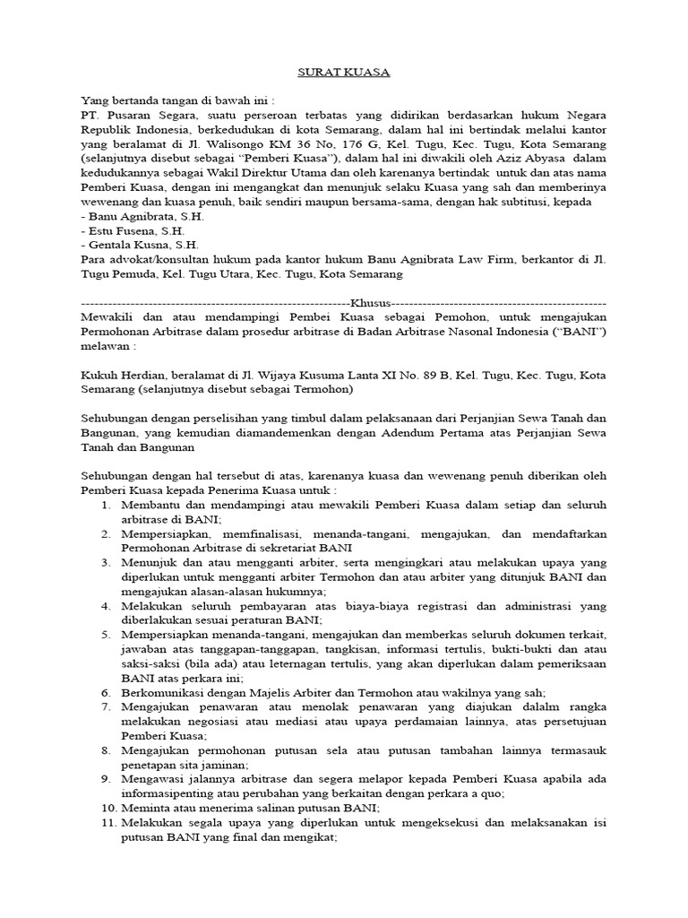 Contoh Surat Kuasa Arbitrase Oleh Lembag | PDF