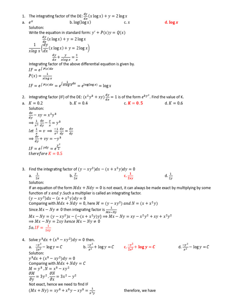 Quiz Integrating Factor - ANSWER KEY | PDF | Mathematical Physics | Mathematical Concepts