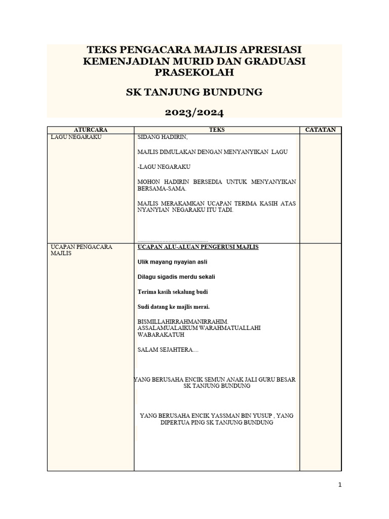 TEKS PENGACARA MAJLIS APRESIASI KEMENJADIAN MURID DAN GRADUASI PRASEKOLAH SKTB 2023-2024 | PDF