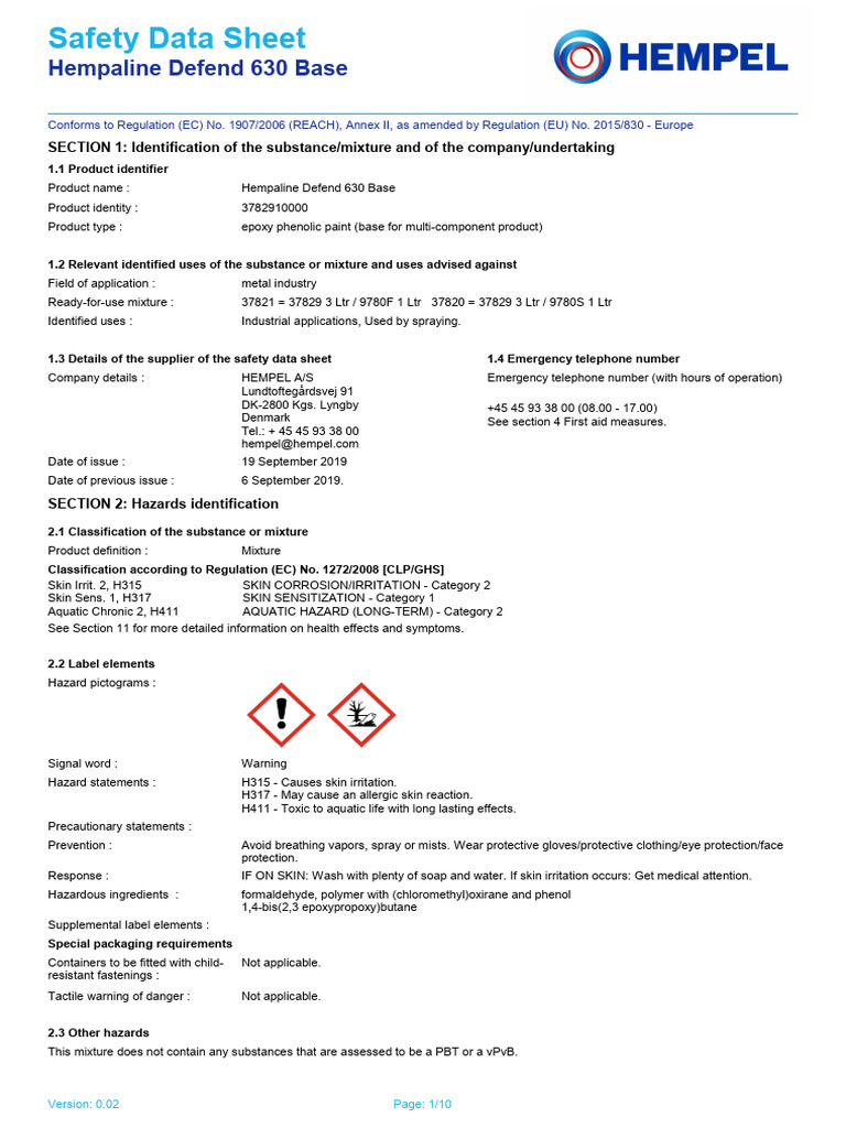Hempaline Defend 630 Base 3782910000 en-us | PDF | Toxicity | Occupational Safety And Health