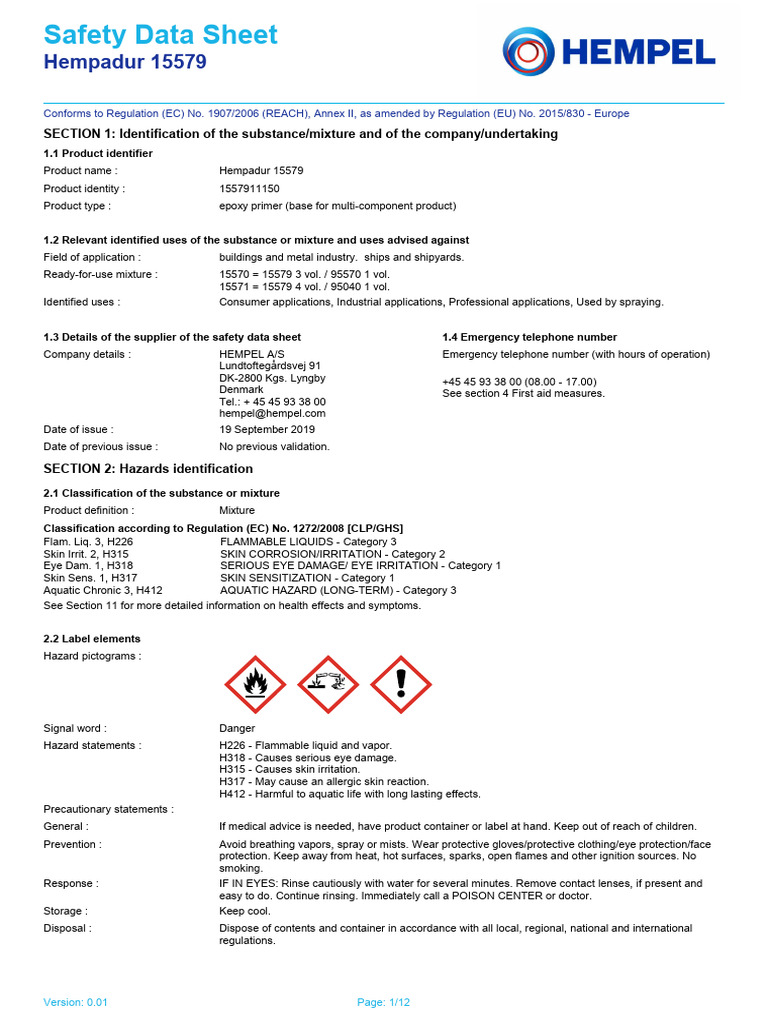 Hempadur 15579 Base 1557911150 En-Us | PDF | Benzene | Toxicity