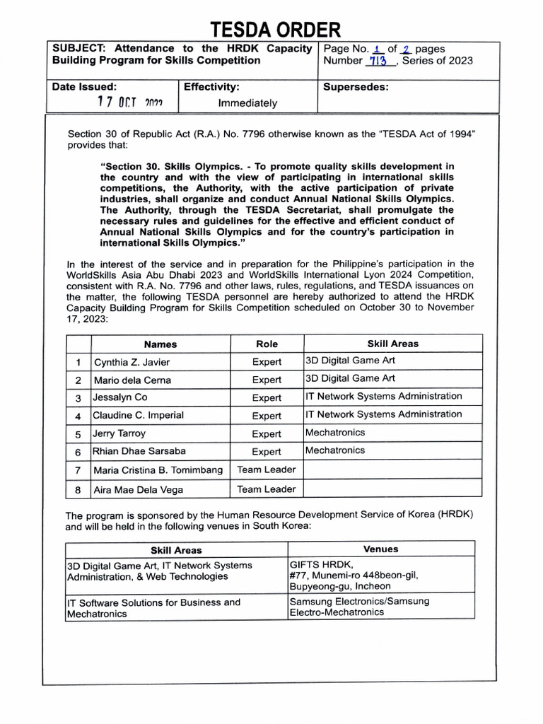 TESDA-Order-No.-713-2023 | PDF | Business