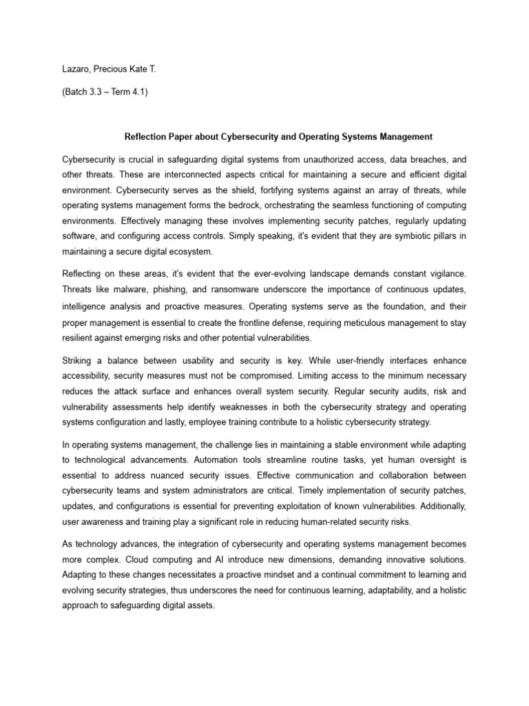 Reflection Paper On Cybersecurity and Operating Systems Management ...