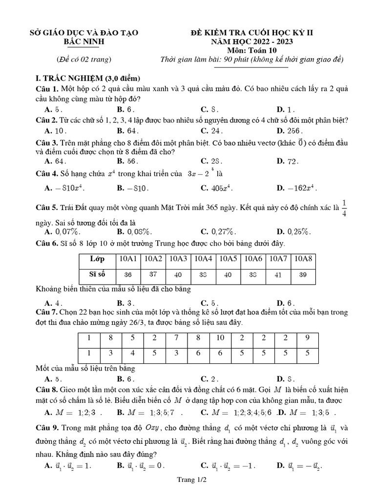 De Kiem Tra Cuoi Hoc Ky 2 Toan 10 Nam 2022 2023 So GDDT Bac Ninh | PDF