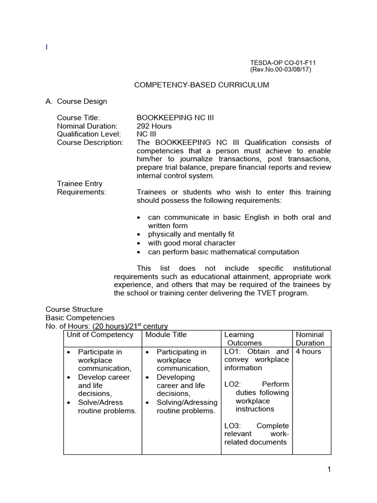 Bookkeeping NC III Curriculum Guide | PDF | Educational Assessment ...