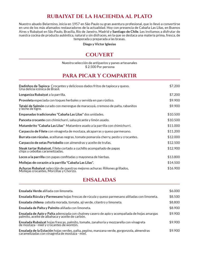 Menú del Restaurante Rubaiyat Chile | PDF | ensalada | filete