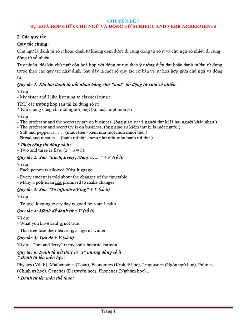 S Hoà H P Gi A CH NG Và Đ NG T Subject and Verb Agreements | PDF