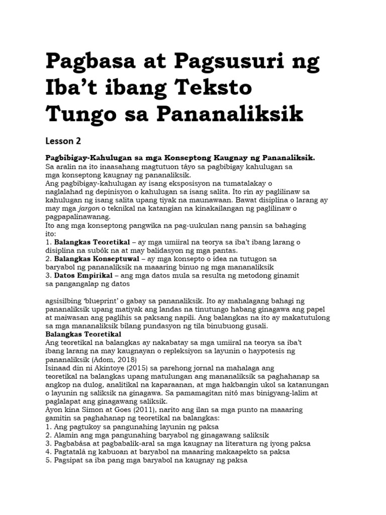 Lesson 2 Pagbasa at Pagsusuri NG | PDF