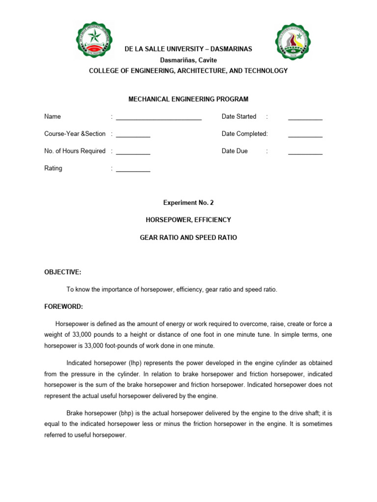 Mechanical Engineering Lab Guide | PDF | Horsepower | Engines