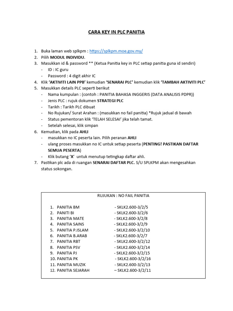 CARA KEY IN PLC PANITIA | PDF