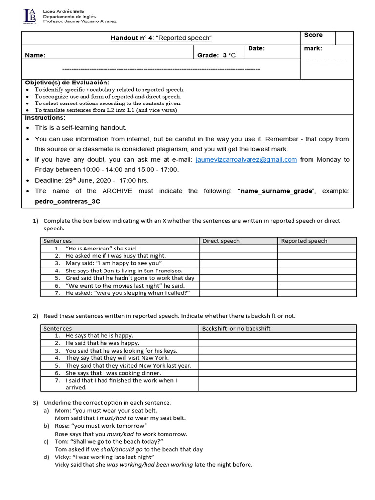 Reported Speech Self-Learning Handout | PDF | Human Communication | Linguistics