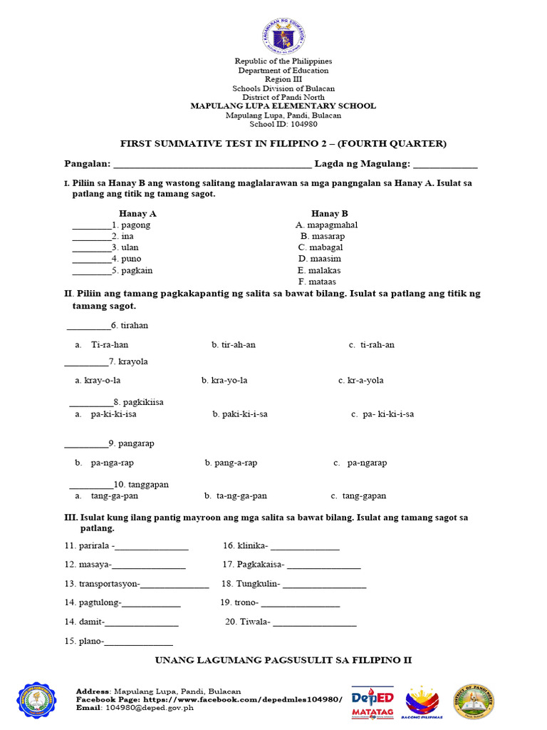 Q4-Summative Test 1-Filipino | PDF