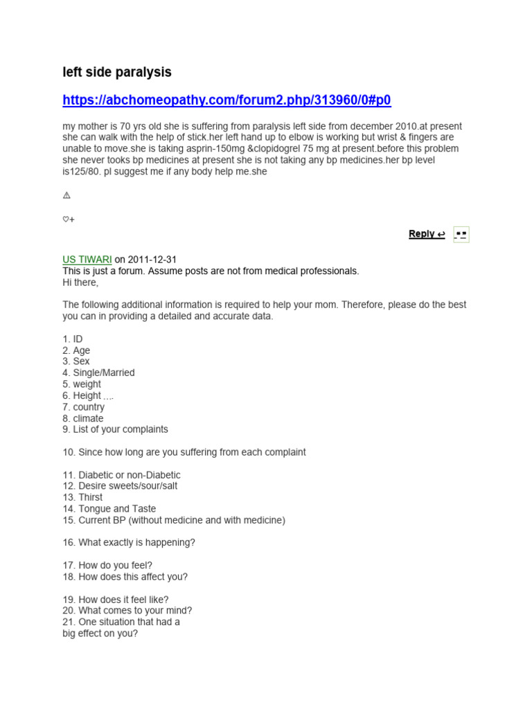 Left Side Paralysis | PDF | Human Diseases And Disorders | Medicine