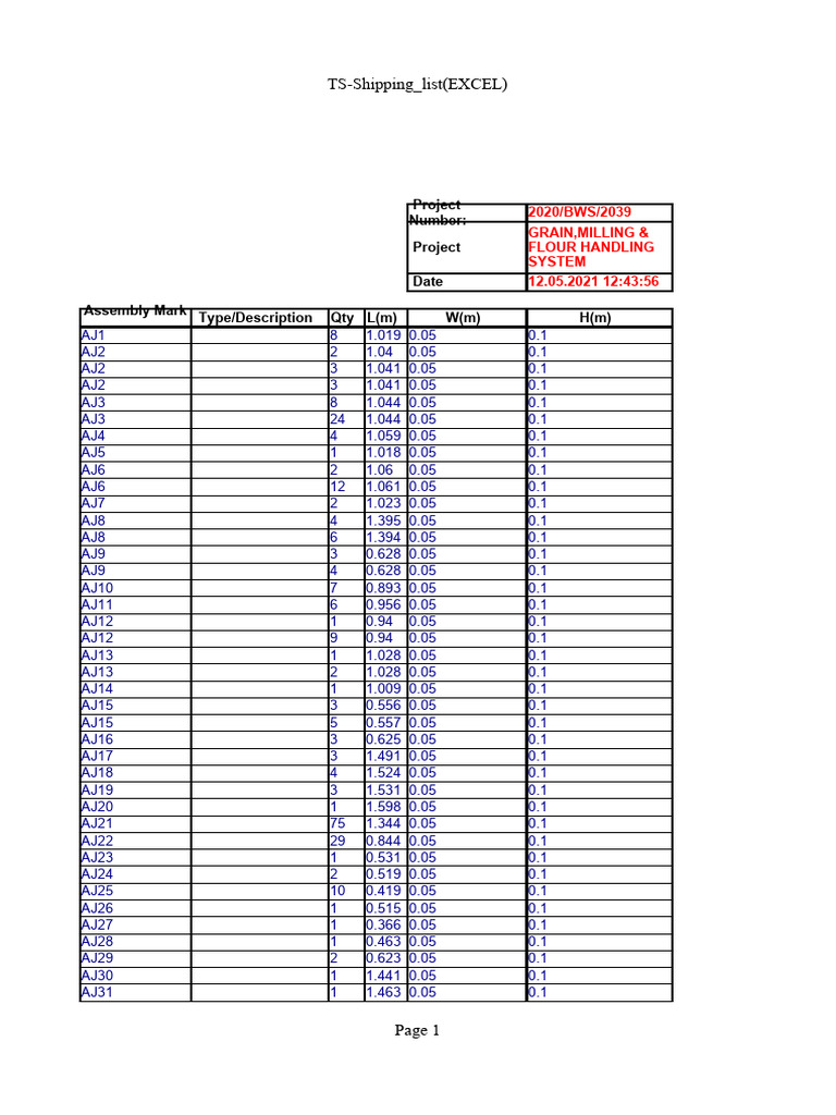 TS-Shipping - List (EXCEL) : Project Number: Project Date Assembly Mark ...