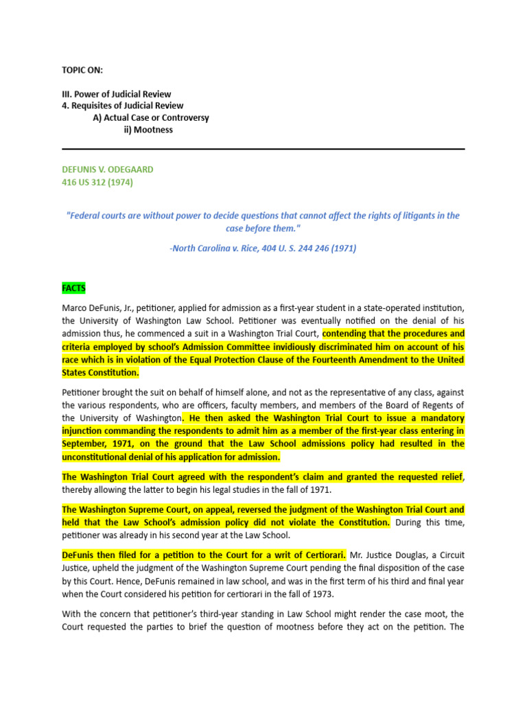 Defunis vs. Odegaard, 416 Us 312 | PDF | Mootness | Certiorari
