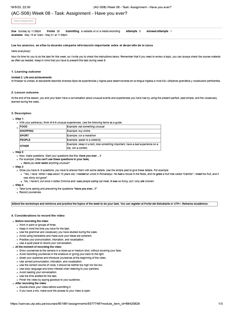 (AC-S08) Week 08 - Task - Assignment - Have You Ever | PDF | Linguistics | Human Communication