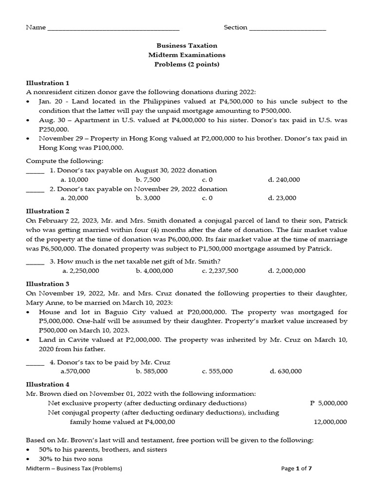 Business Tax Midterm Exam Problems | PDF | Taxes | Estate Tax In The ...