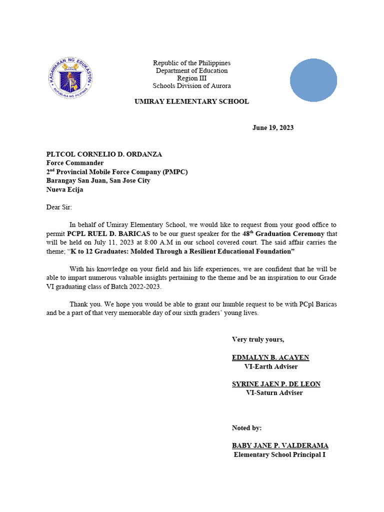 Request for Graduation Guest Speaker | PDF