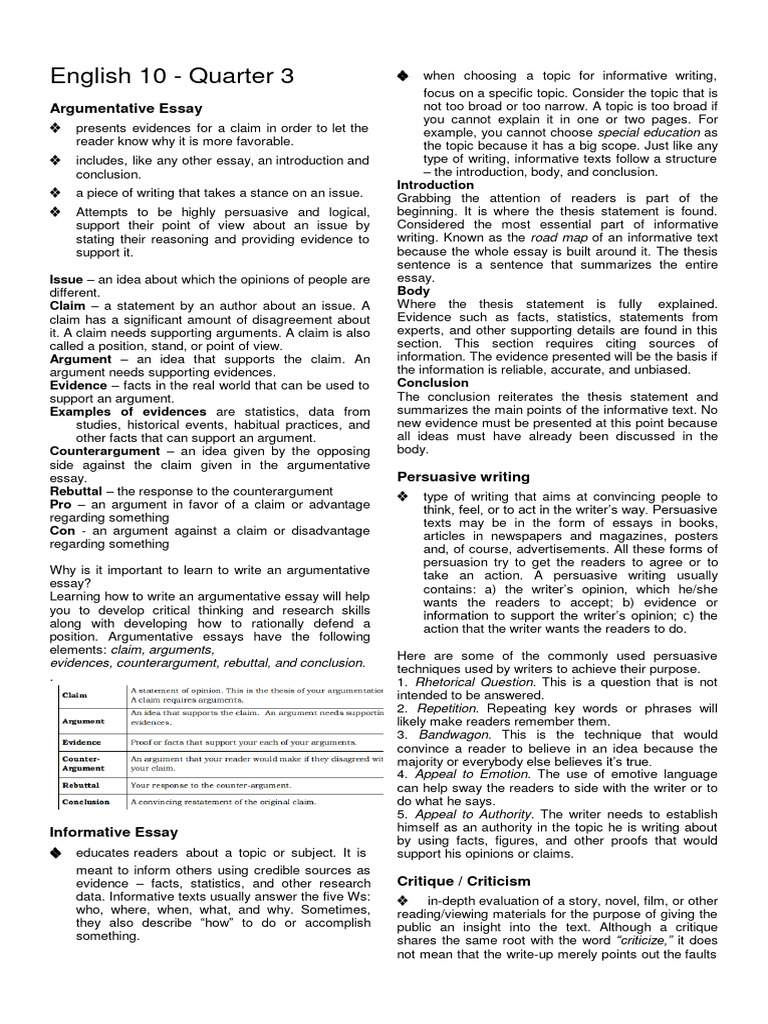 English 10 - Quarter 3 | PDF | Essays | Argument