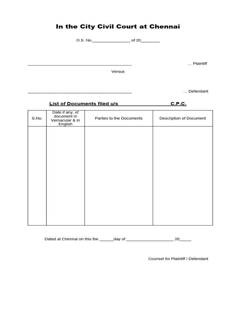 Chennai City Civil Court Document List | PDF