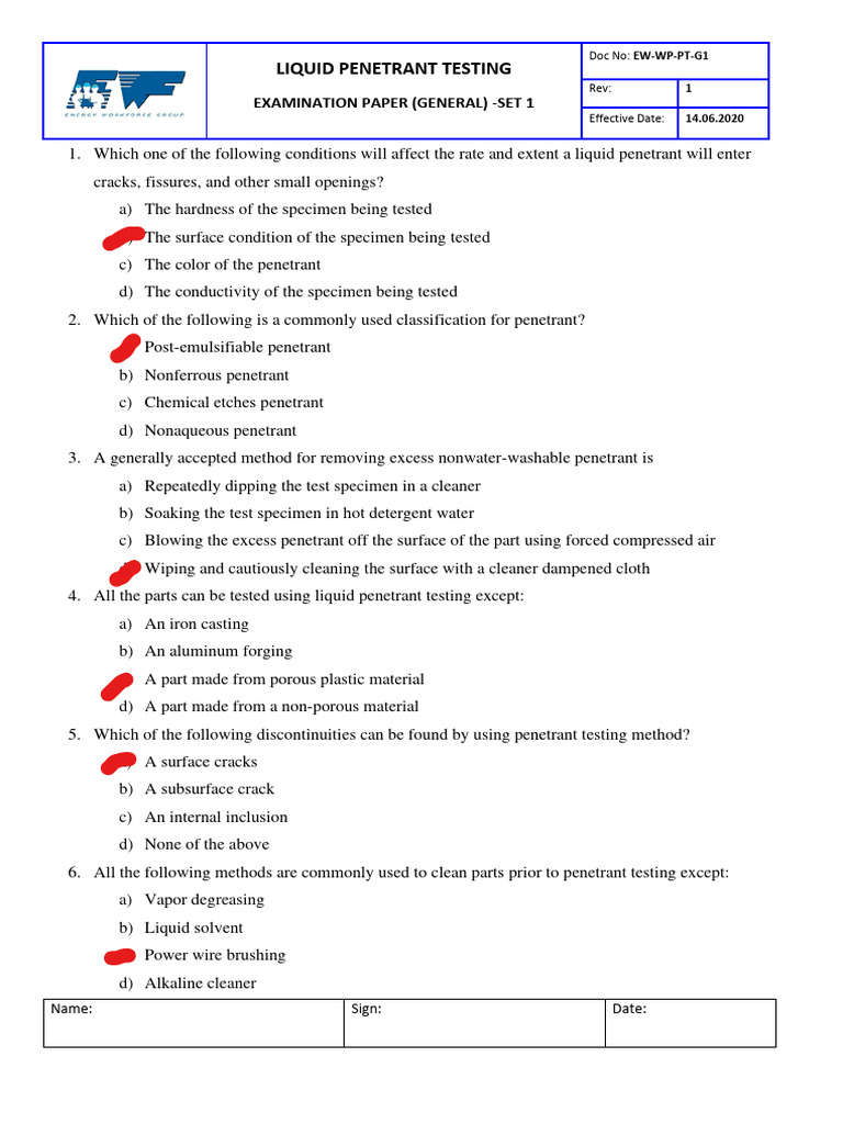 EW-WP-PT-G1 Liquid Penetrant Testing-Examination Paper - General - Set1 ...