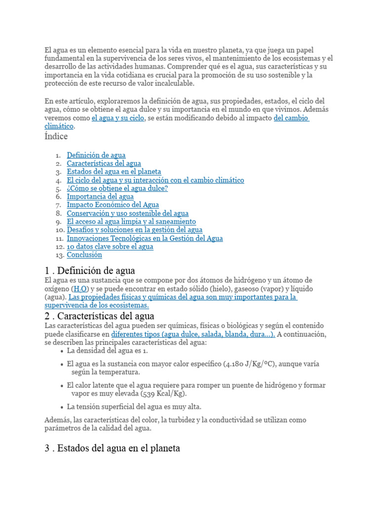 El Agua Es Un Elemento Esencial para La Vida en Nuestro Planeta | PDF ...