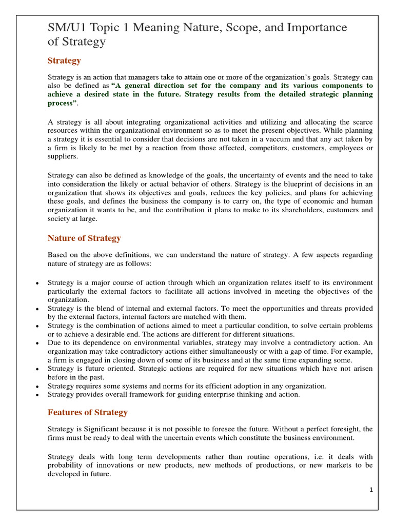 SM/U1 Topic 1 Meaning Nature, Scope, and Importance of Strategy | PDF ...