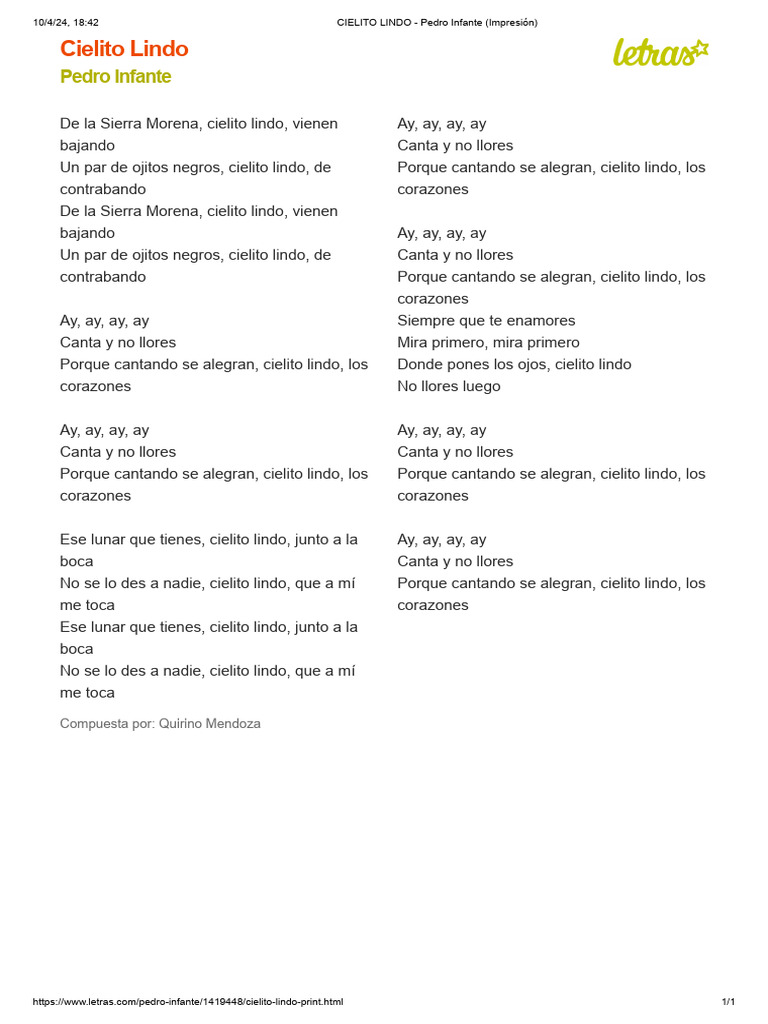 CIELITO LINDO - Pedro Infante (Impresión) | PDF | Musica Popular ...