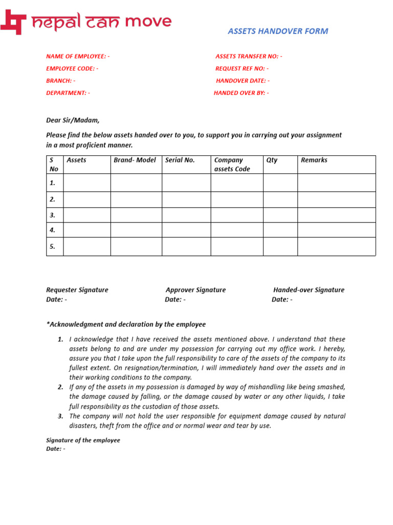 Assets Handover Form | PDF
