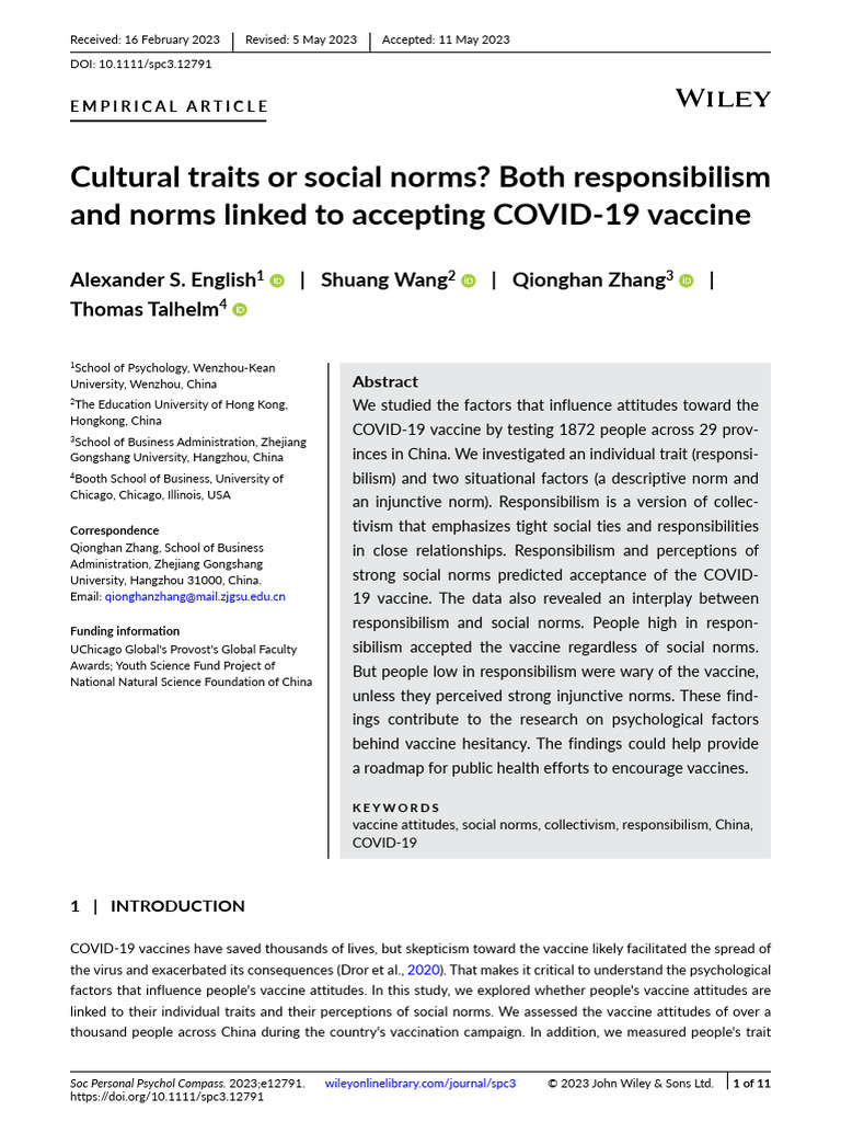 English Shuang Zhang Talhelm Triats Norms and Vaccines | PDF | Attitude ...