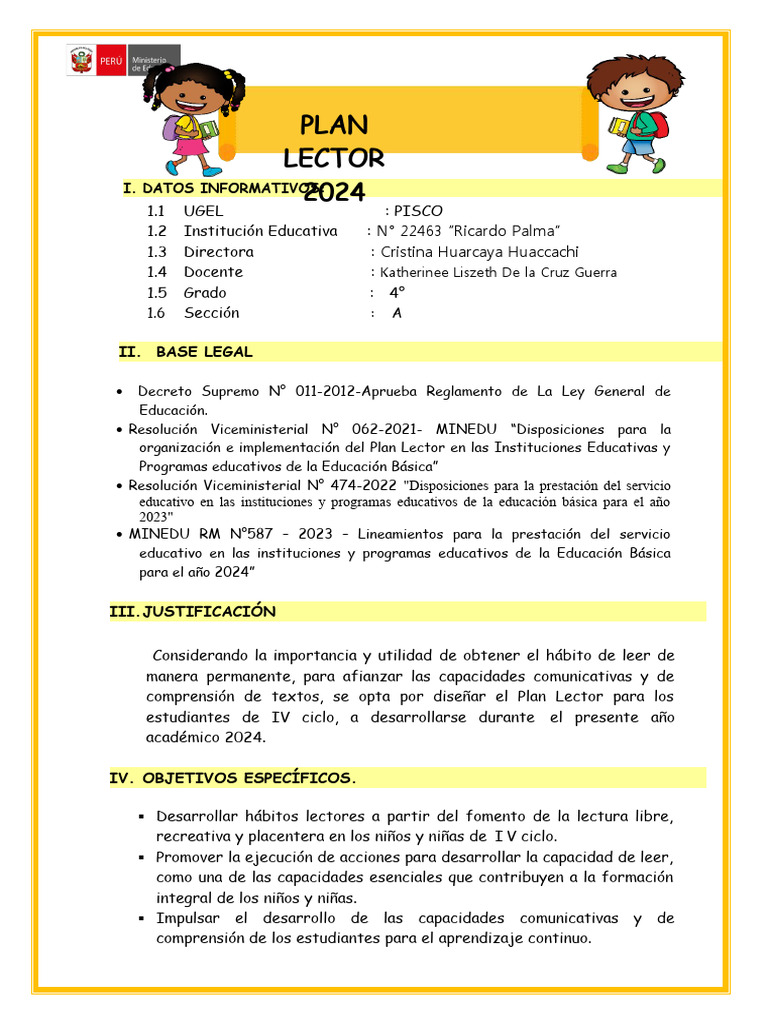 4° Plan Lector-2024 | PDF | Educación primaria | Maestros