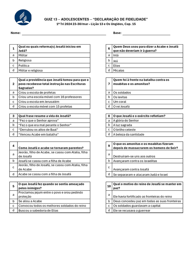 Quiz sobre Josafá e a Fidelidade em Judá | PDF | Elias