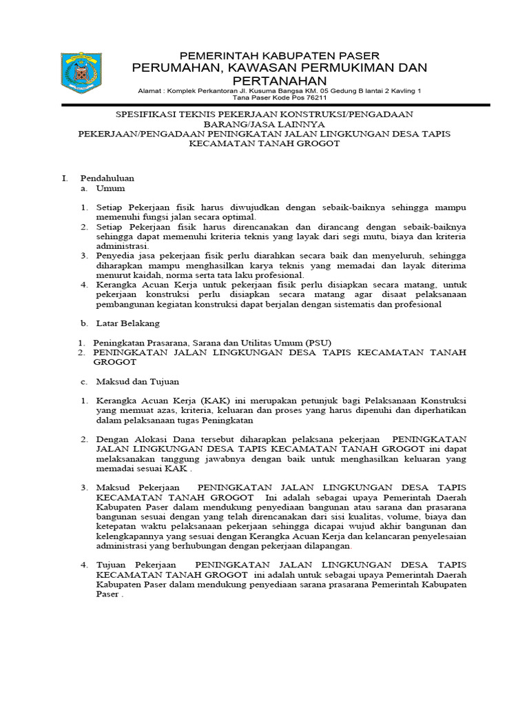 Rks Dan Spesifikasi Teknis Jl. Lingkungan Tapis | PDF