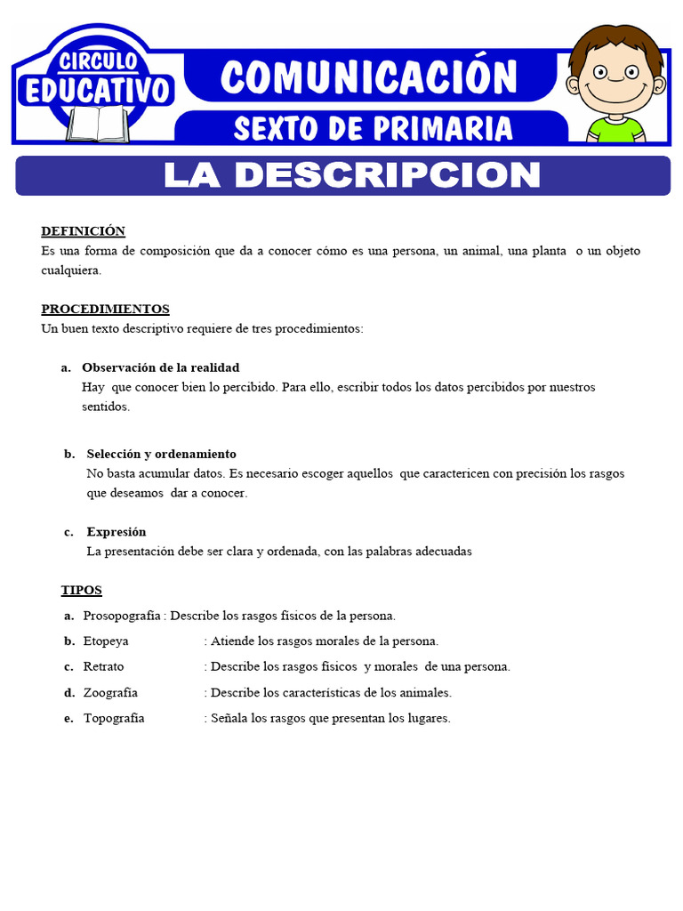 La Descripcion Definicion y Procedimientos para Sexto de Primaria | PDF