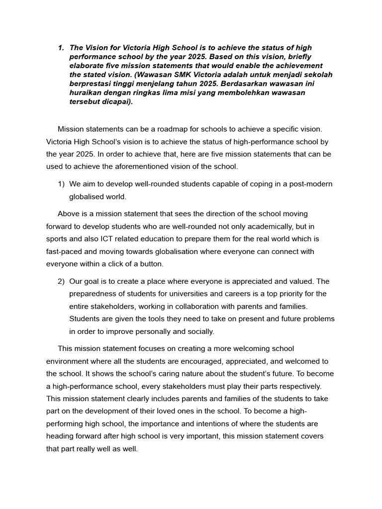 The Vision For Victoria High School Is To Achieve The Status of High ...