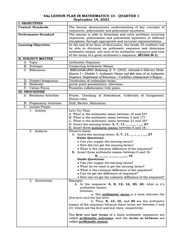 Arithmetic Sequences Lesson Plan | PDF | Arithmetic | Mean