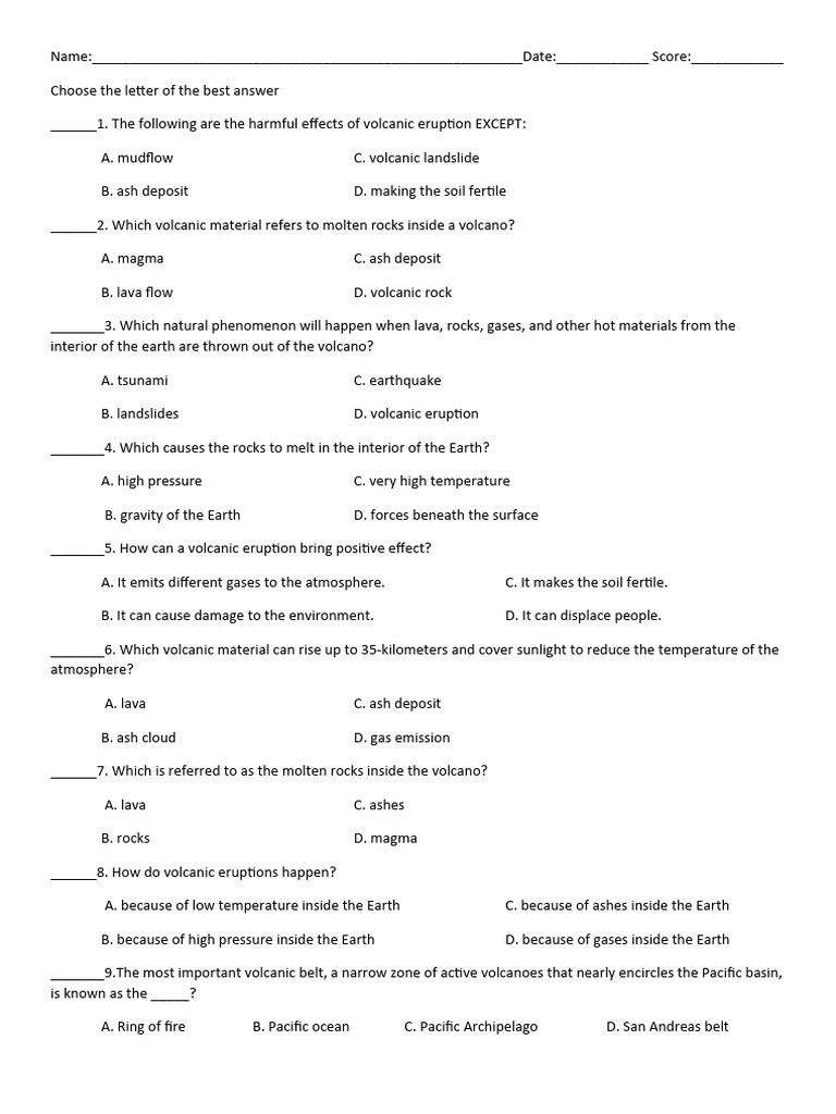 Volcanic Eruption Quiz Questions | PDF | Volcano | Types Of Volcanic ...