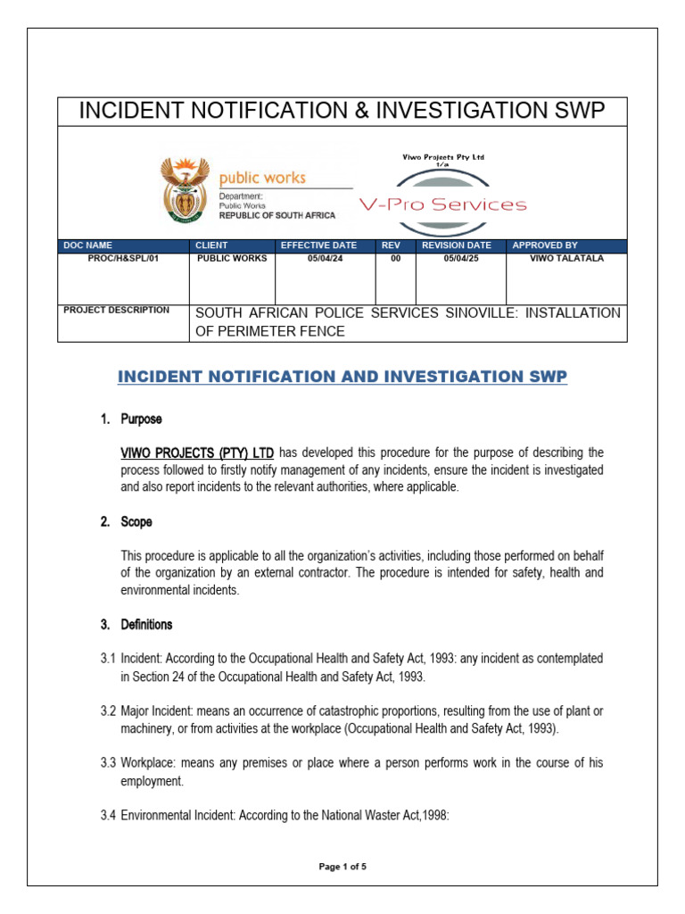 Incident Notification and Investigation Safework Sop | PDF ...