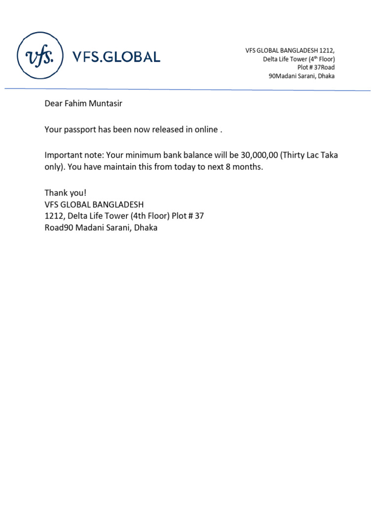 VFS Global Bangladesh Passport Release Notice | PDF