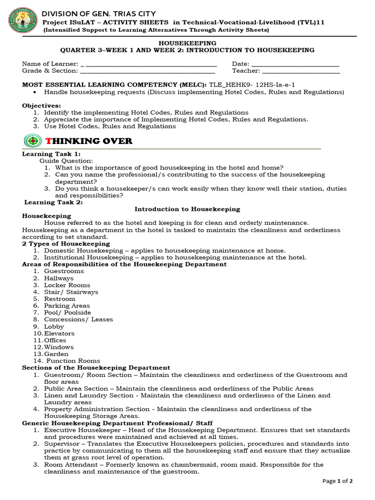LAS - HSK WEEK 1 and 2 | PDF | Housekeeping