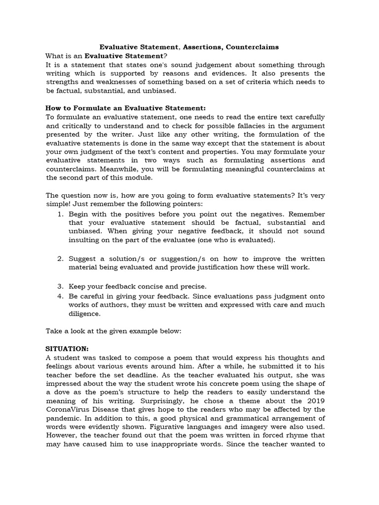 What Is An Evaluative Statement | PDF | Argument | Poetry
