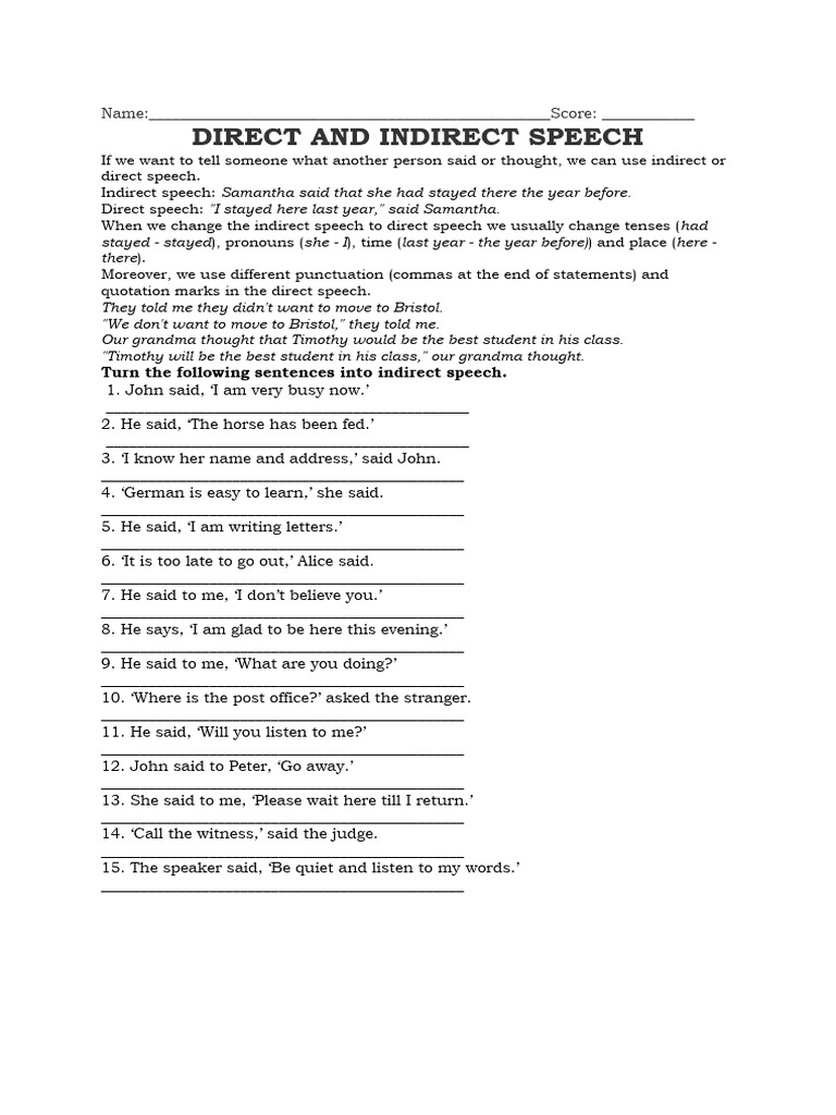 Indirect Direct Wordkseets With Answer Key | PDF | Grammar | Language ...