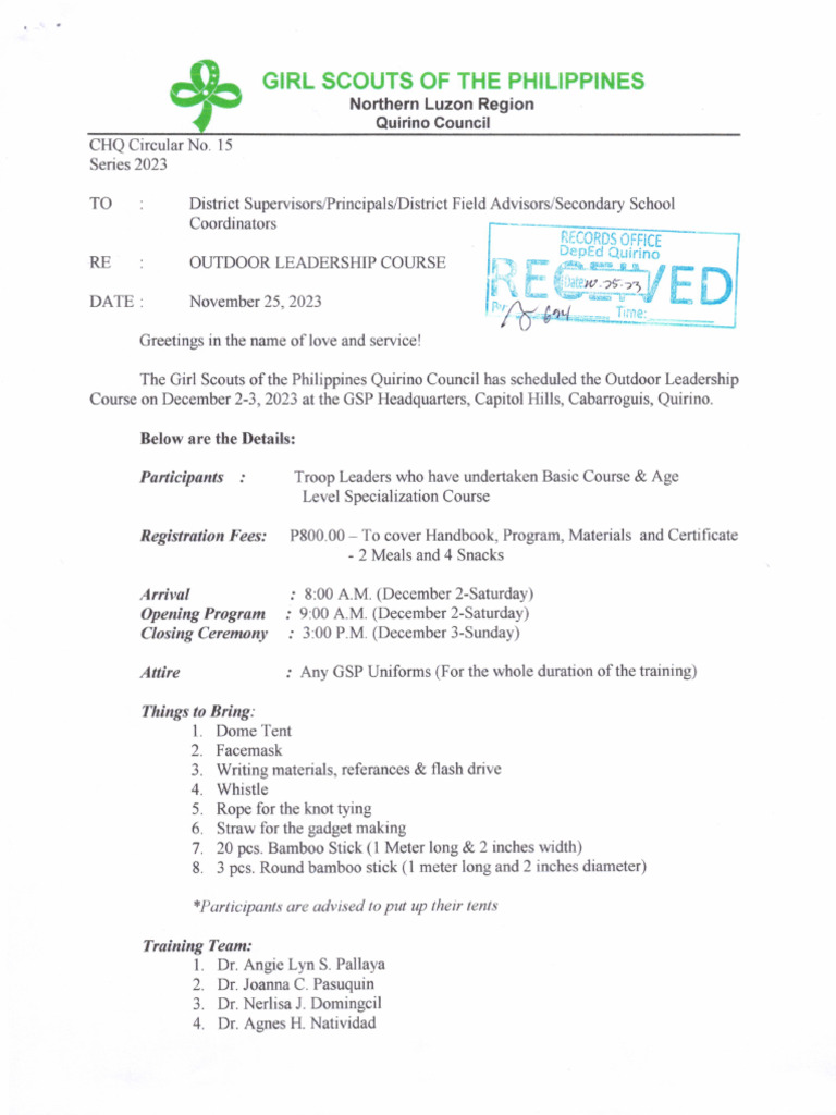GSP Quirino - Outdoor Leadership Course | PDF