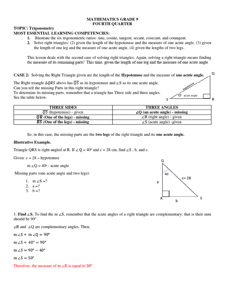 Solving The Missing Parts of A Right Triangle. Grade9-Mathematics | PDF ...