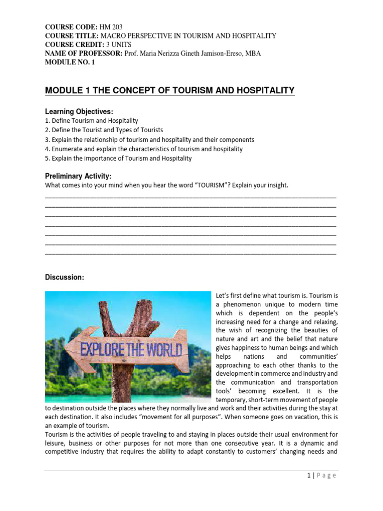 MODULE 1 The Concept of Tourism and Hospitality | PDF | Tourism