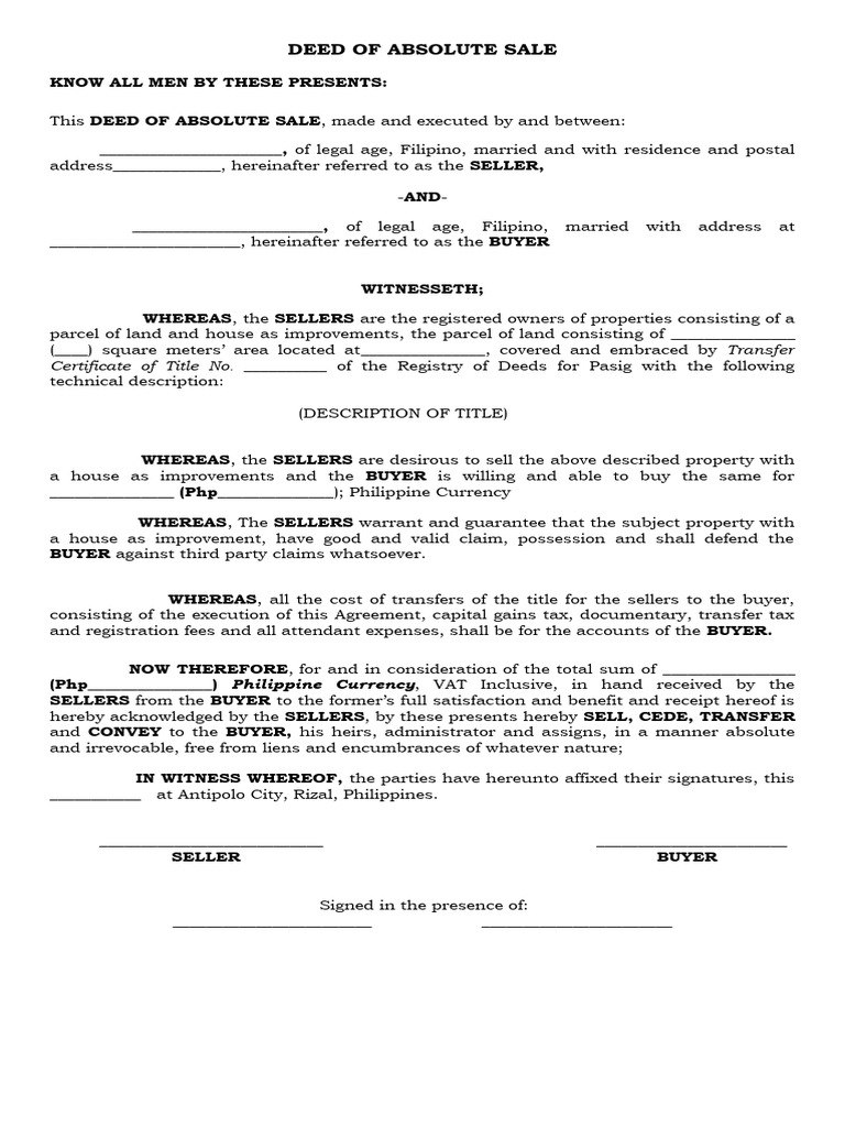 Deed of Absolute Sale | PDF | Deed | Title (Property)