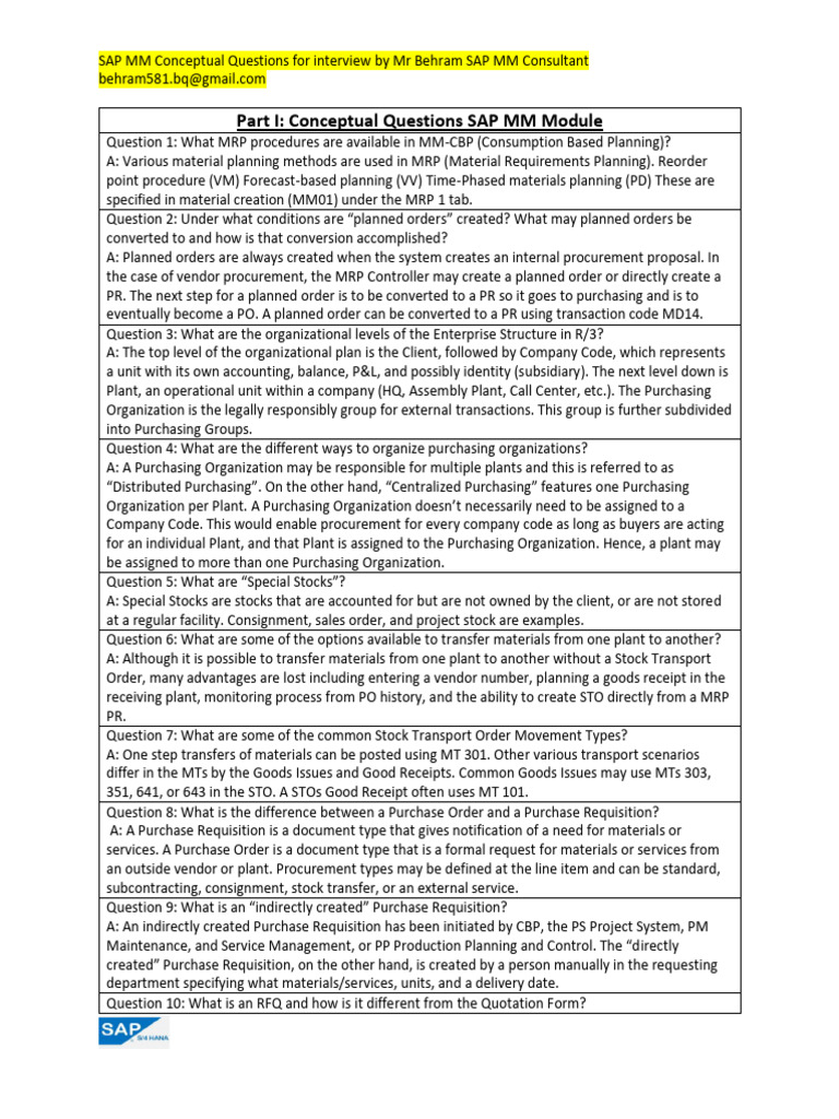 Part I - Conceptual Questions SAP MM Module | PDF | Invoice | Inventory