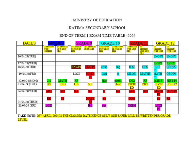 Exam Time Table-2024 (All Grades) | PDF | Languages Of Africa | Linguistics