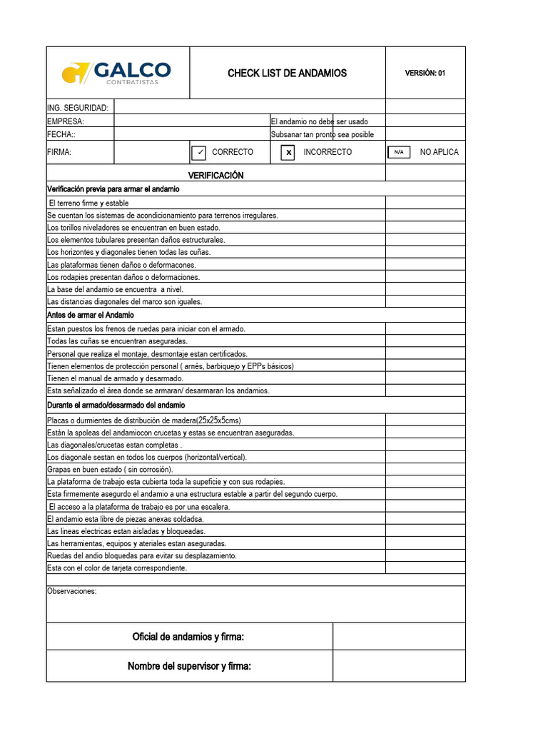 Checklist de Verificación de Andamios | PDF