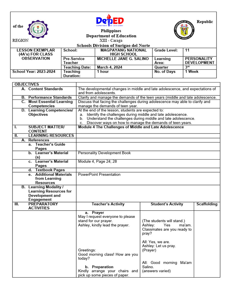 Perdev Module 4 Lesson Plan - Revised | PDF | Adolescence | Self Esteem